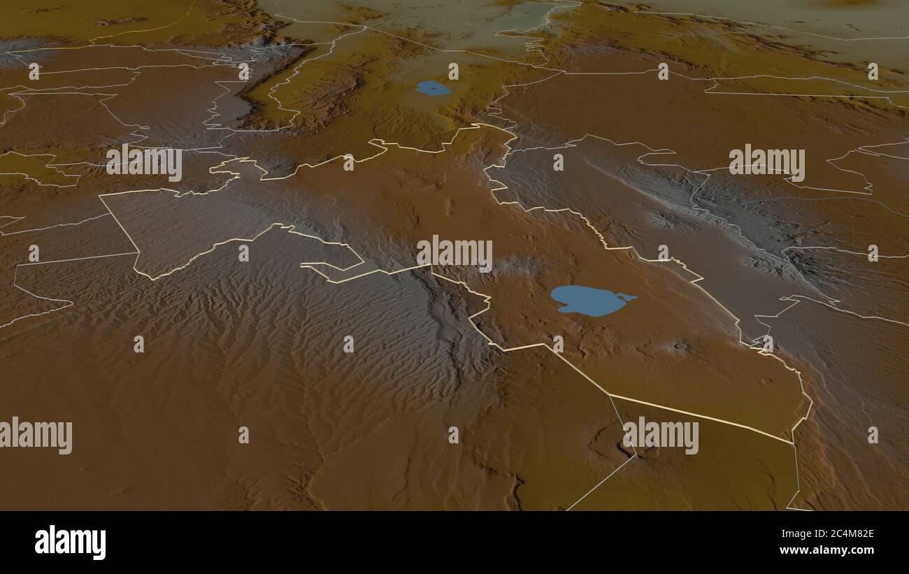 Zoom in on Nakuru (county of Kenya) outlined. Oblique perspective ...