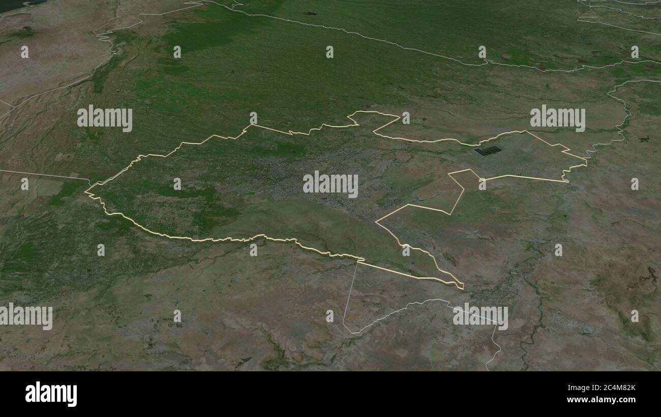 Zoom in on Nairobi (county of Kenya) outlined. Oblique perspective ...