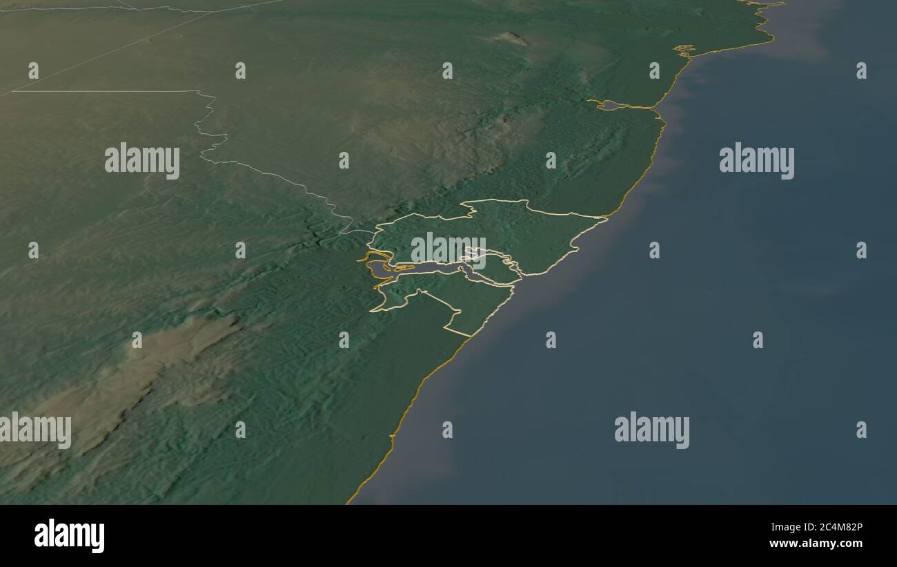 Zoom in on Mombasa (county of Kenya) outlined. Oblique perspective ...