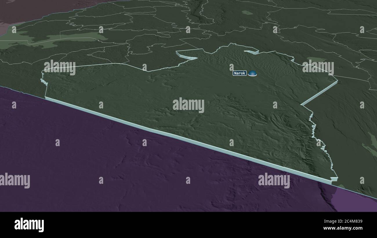 Zoom in on Narok (county of Kenya) extruded. Oblique perspective ...