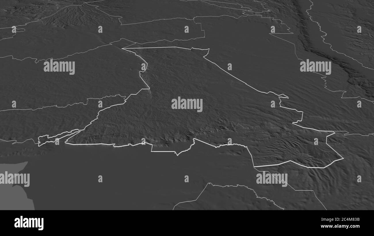 Zoom in on Nandi (county of Kenya) outlined. Oblique perspective ...