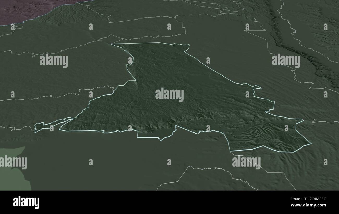 Zoom in on Nandi (county of Kenya) outlined. Oblique perspective ...