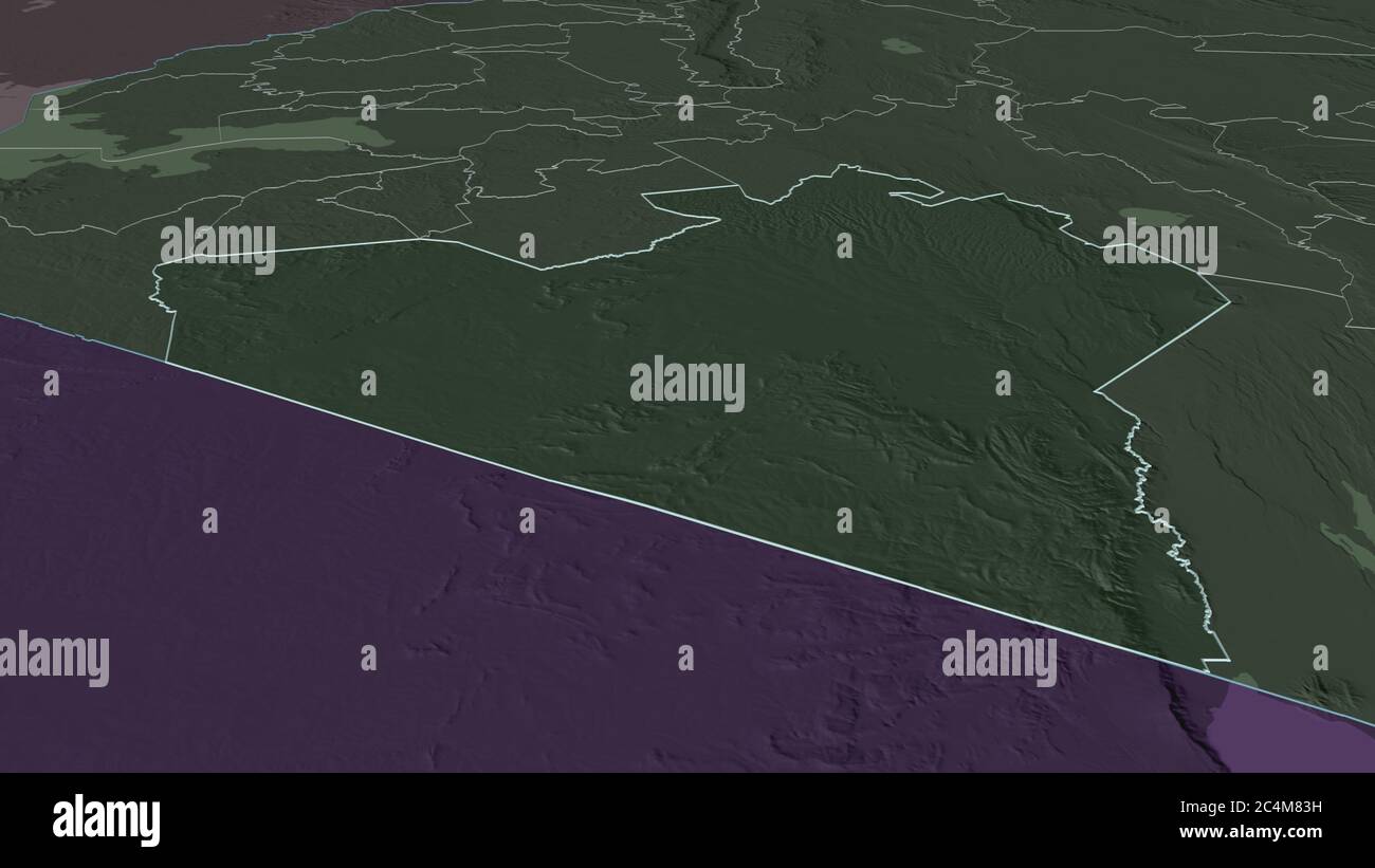 Zoom in on Narok (county of Kenya) outlined. Oblique perspective ...