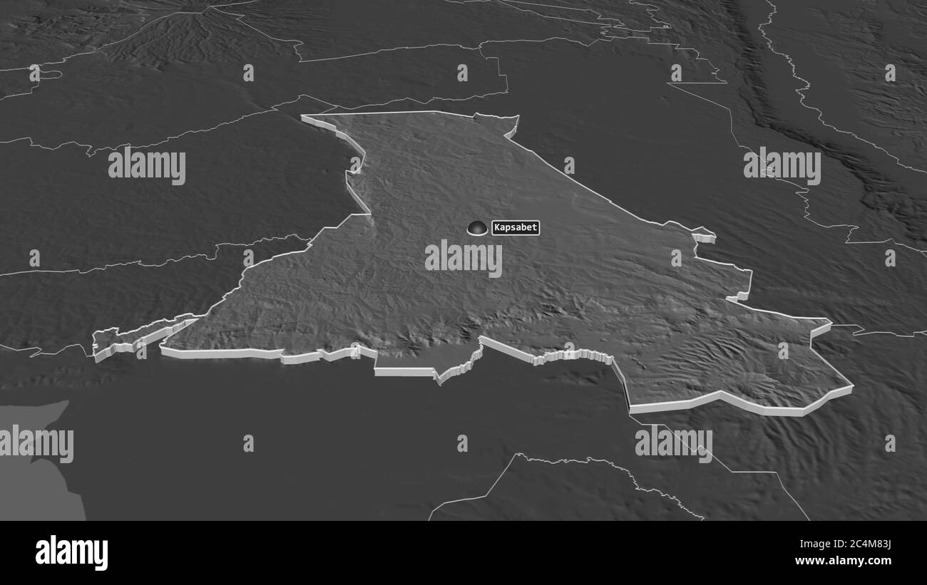 Zoom in on Nandi (county of Kenya) extruded. Oblique perspective ...