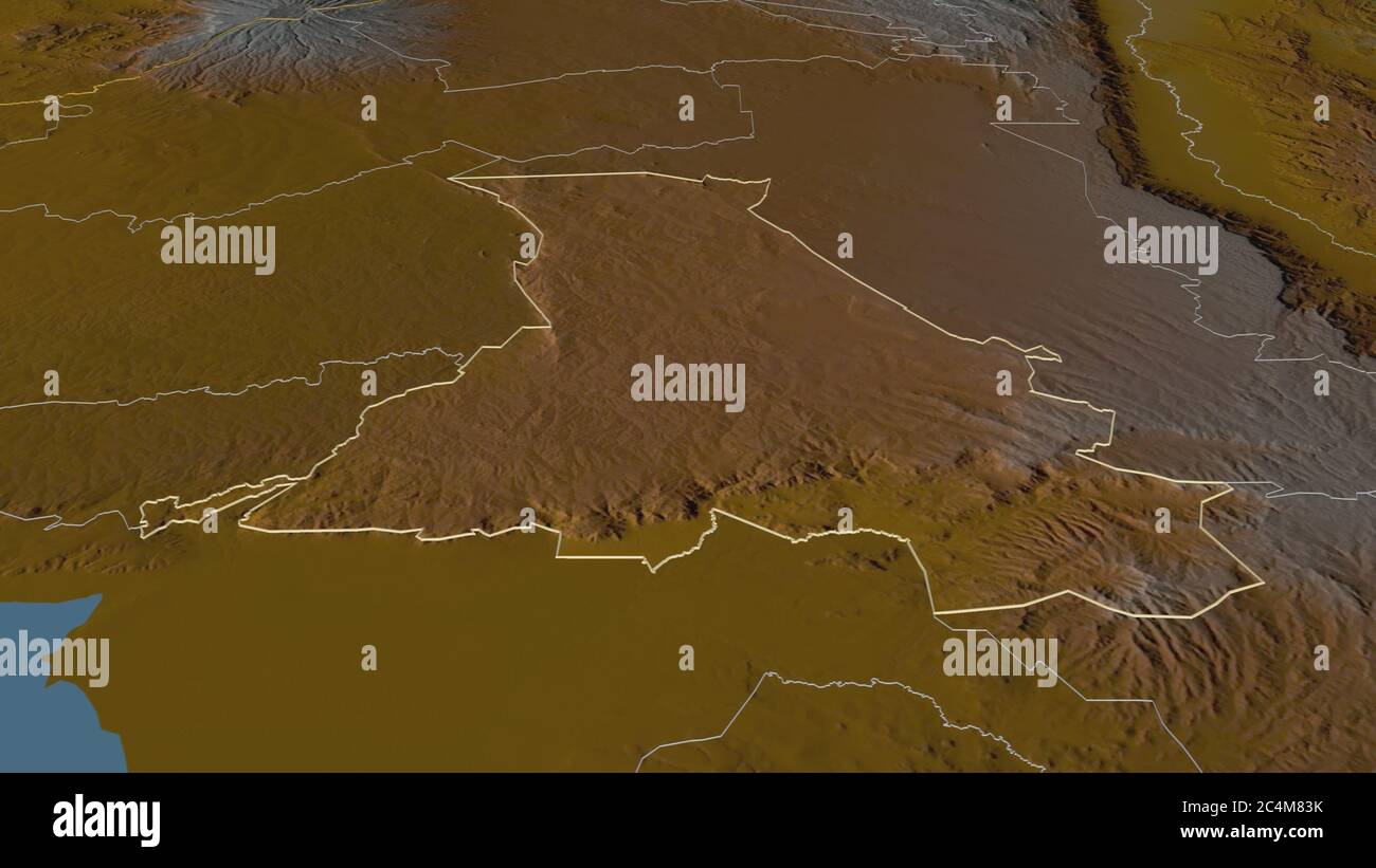 Zoom in on Nandi (county of Kenya) outlined. Oblique perspective ...