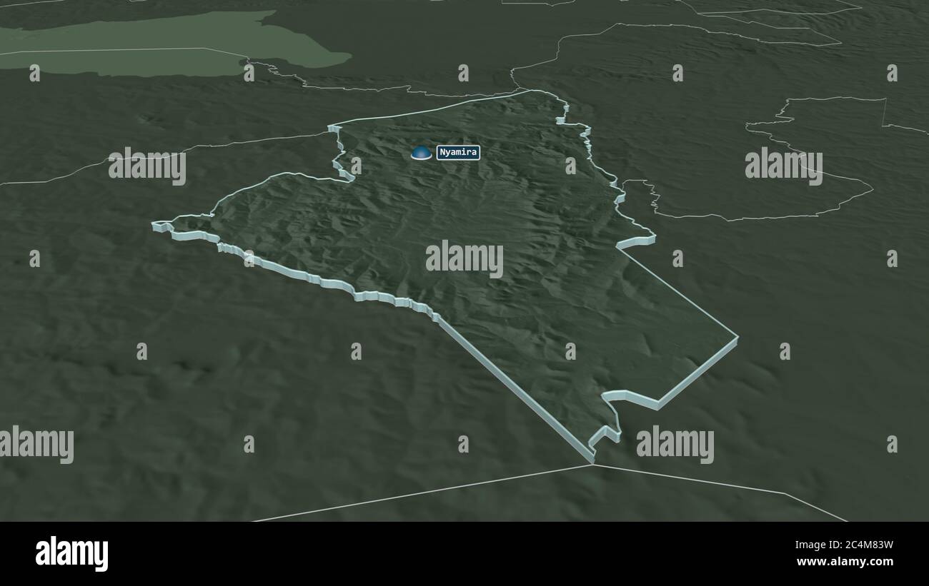 Zoom in on Nyamira (county of Kenya) extruded. Oblique perspective ...