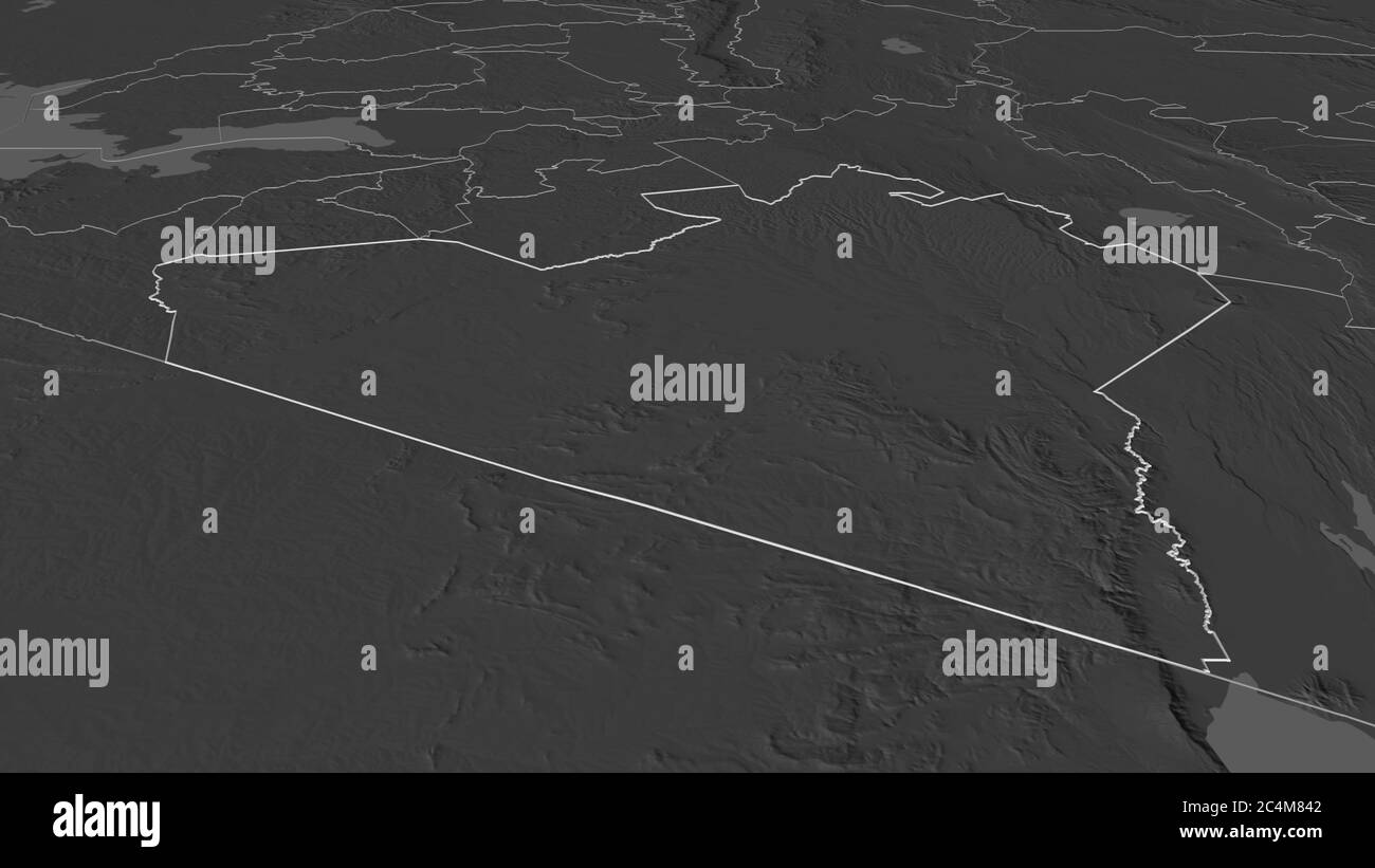 Zoom in on Narok (county of Kenya) outlined. Oblique perspective ...