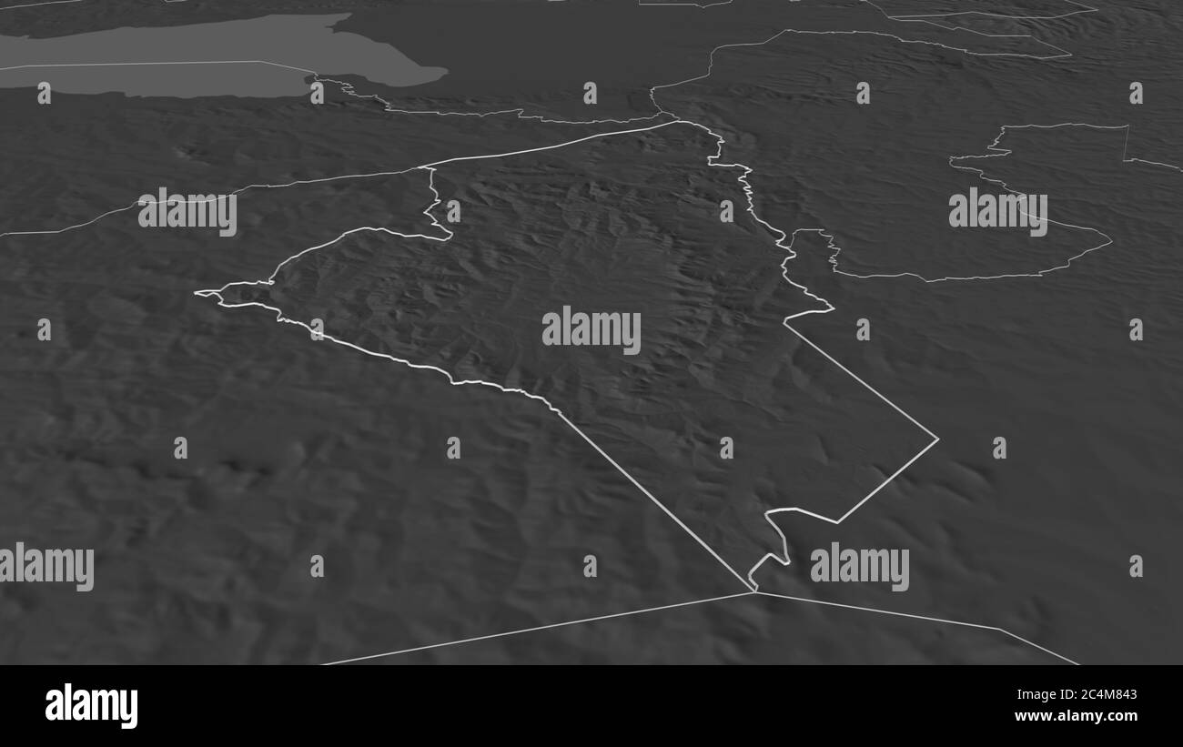 Zoom in on Nyamira (county of Kenya) outlined. Oblique perspective ...