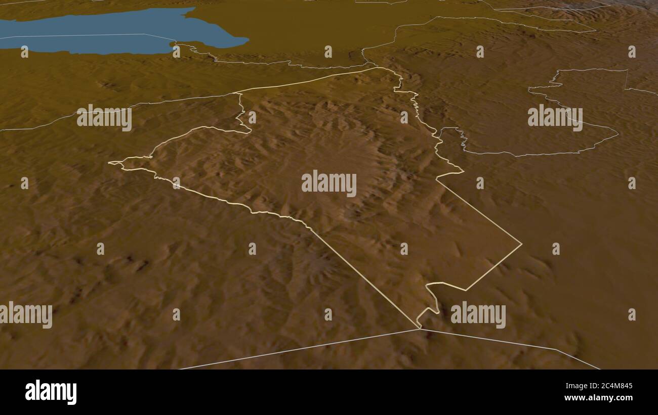 Zoom in on Nyamira (county of Kenya) outlined. Oblique perspective ...