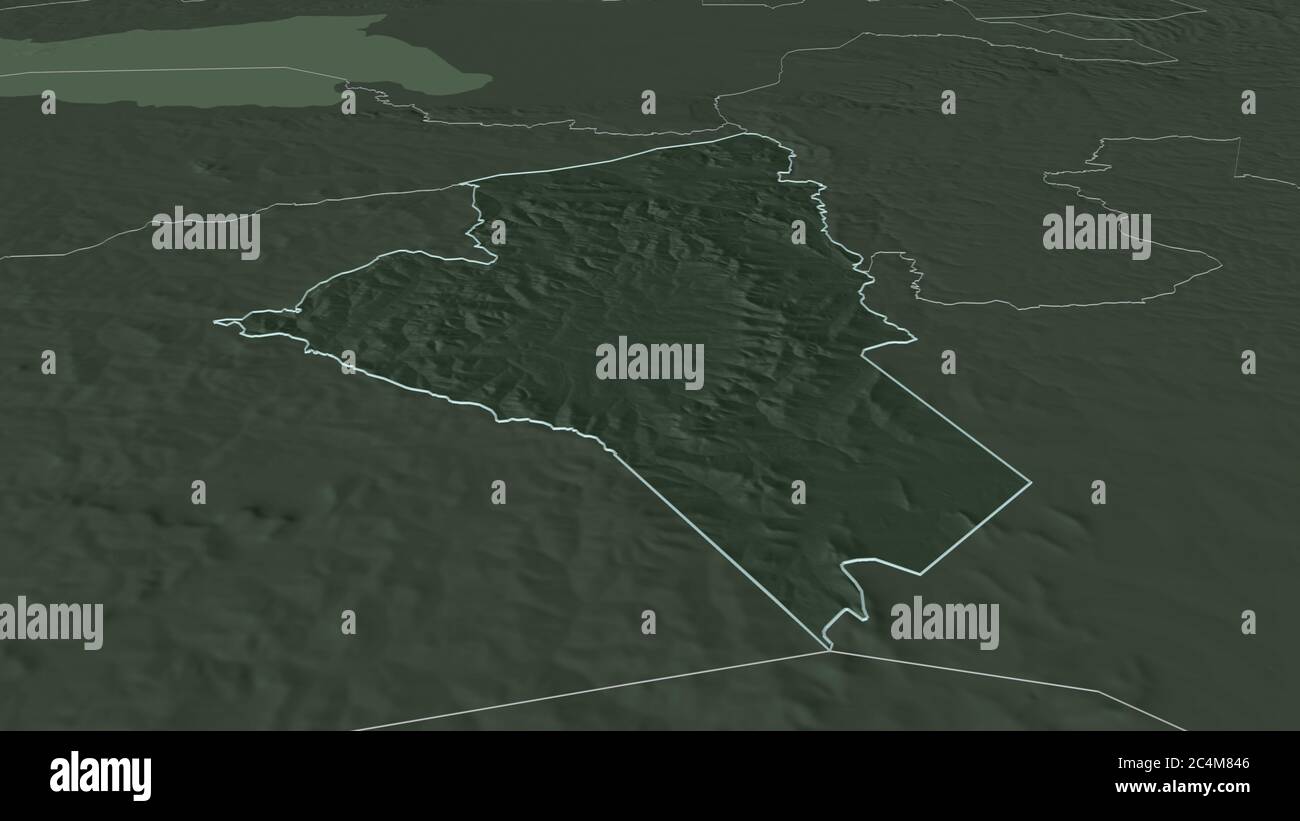 Zoom in on Nyamira (county of Kenya) outlined. Oblique perspective ...