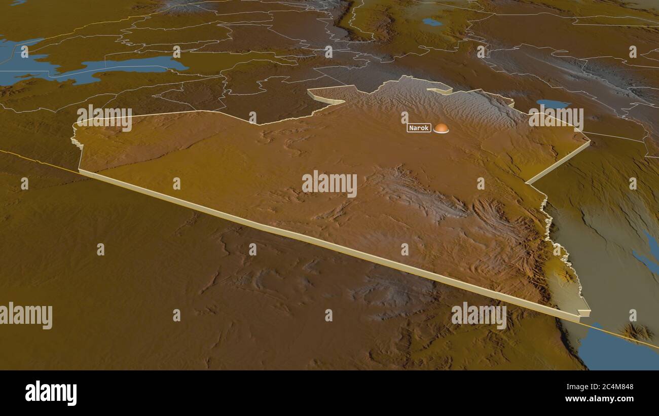 Zoom in on Narok (county of Kenya) extruded. Oblique perspective ...