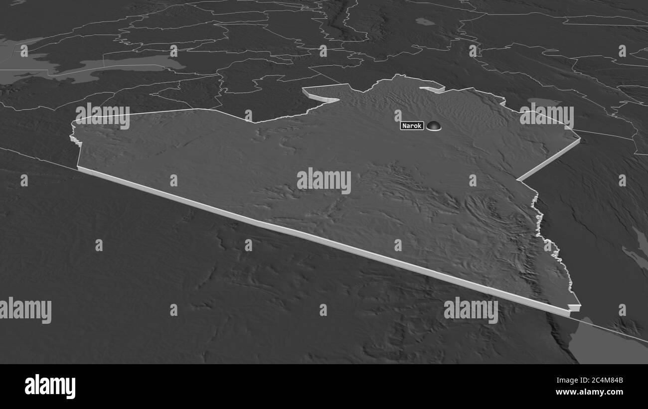 Zoom in on Narok (county of Kenya) extruded. Oblique perspective ...