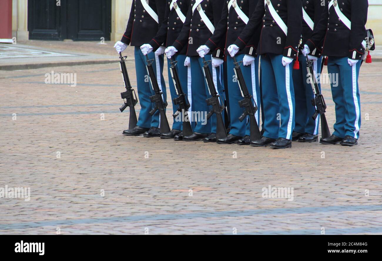Group of Danish royal guard soldiers in uniform standing on the ...