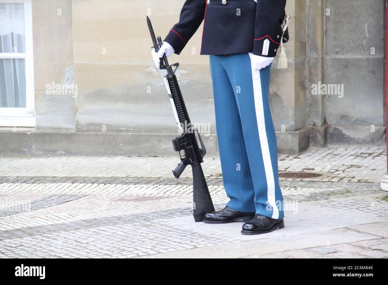 Danish royal guard soldier standing at ease while having his assault ...