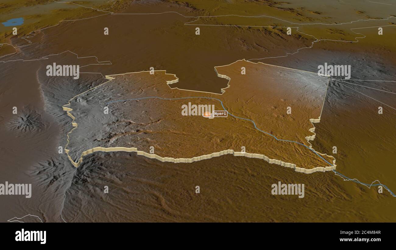 Zoom in on Nyeri (county of Kenya) extruded. Oblique perspective ...