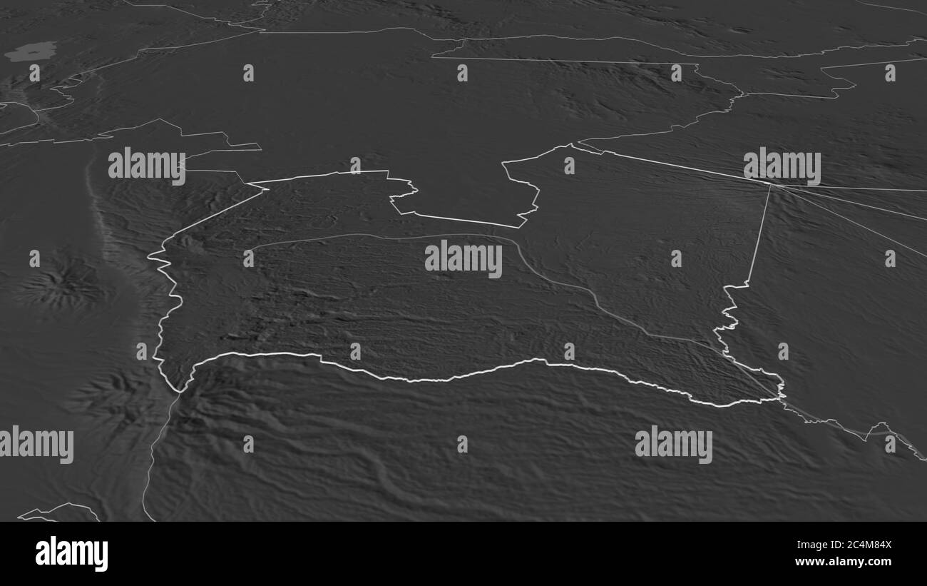 Zoom in on Nyeri (county of Kenya) outlined. Oblique perspective ...