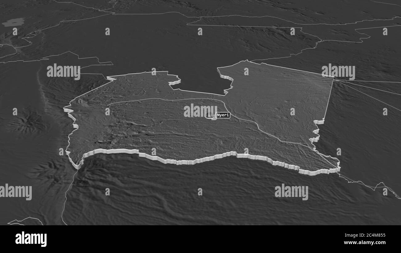 Zoom in on Nyeri (county of Kenya) extruded. Oblique perspective ...