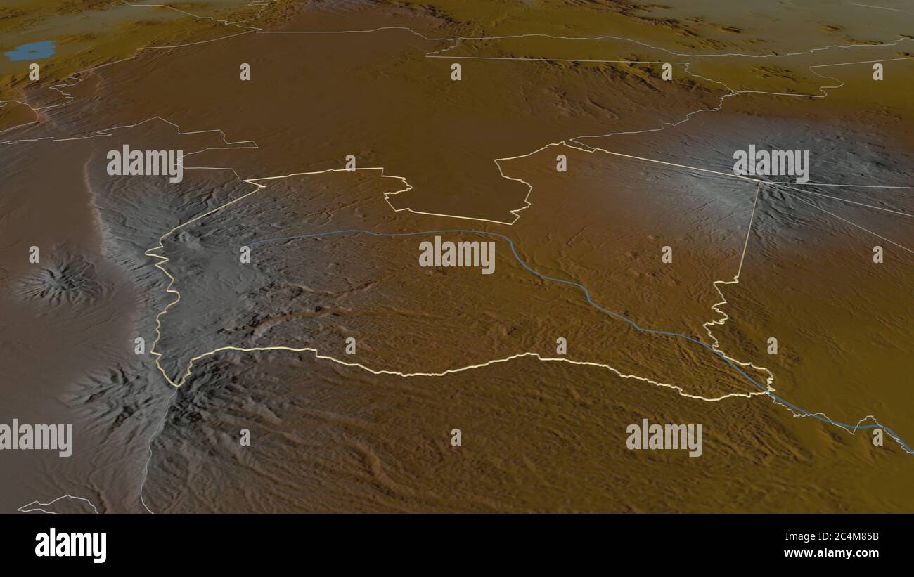Zoom in on Nyeri (county of Kenya) outlined. Oblique perspective ...