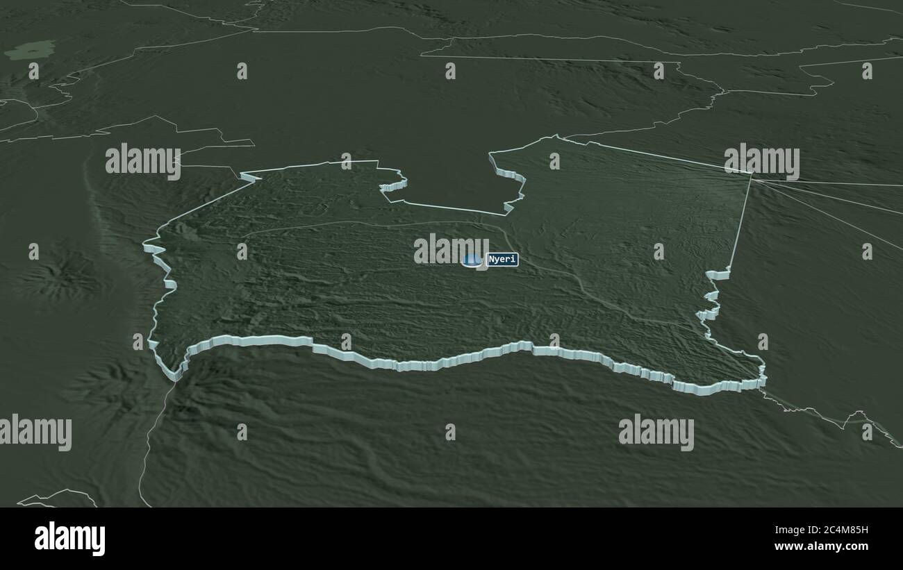 Zoom in on Nyeri (county of Kenya) extruded. Oblique perspective ...
