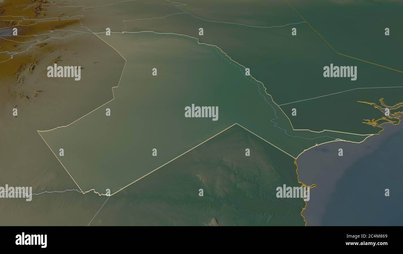 Zoom in on Tana River (county of Kenya) outlined. Oblique perspective ...