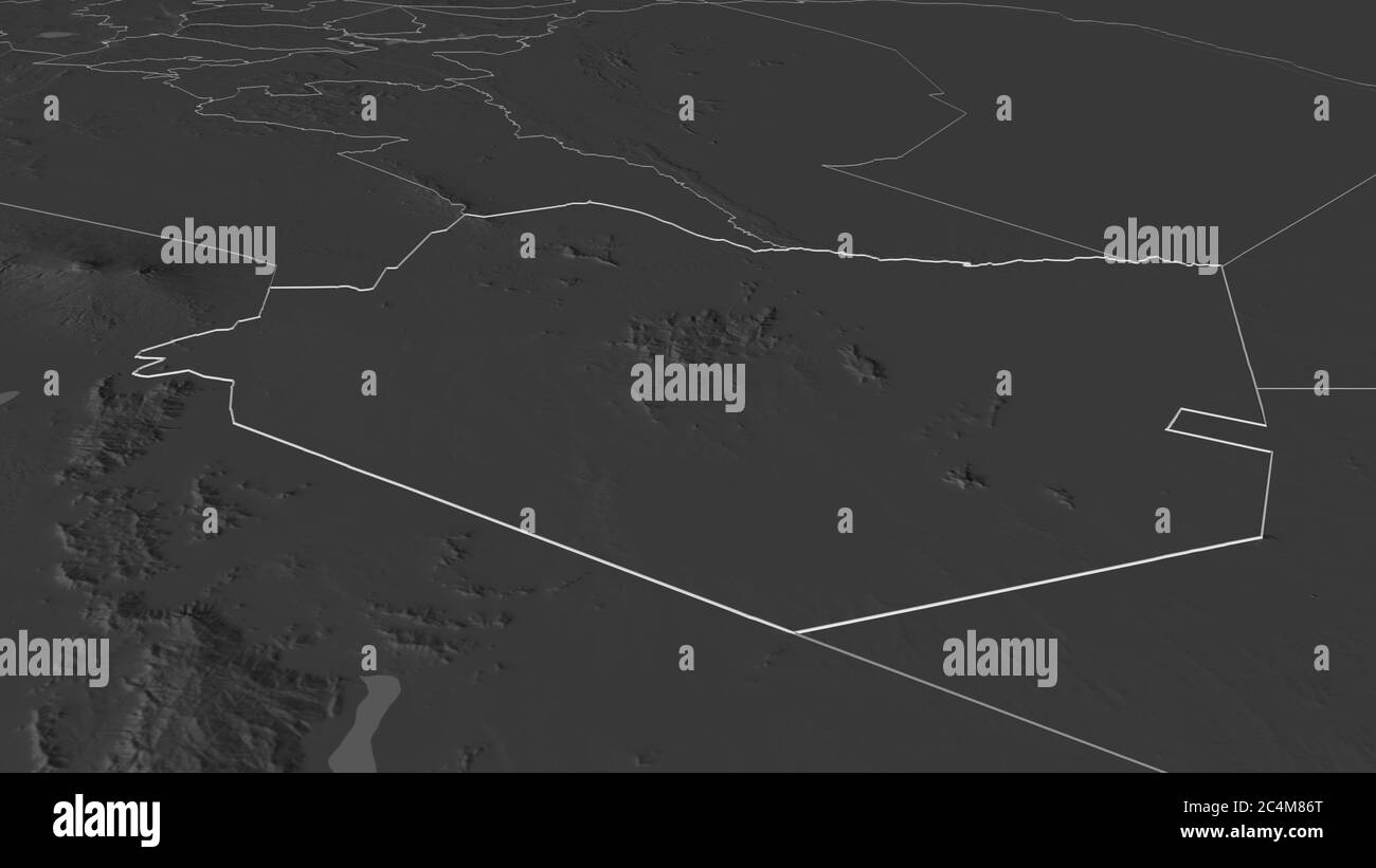 Zoom in on Taita Taveta (county of Kenya) outlined. Oblique perspective ...