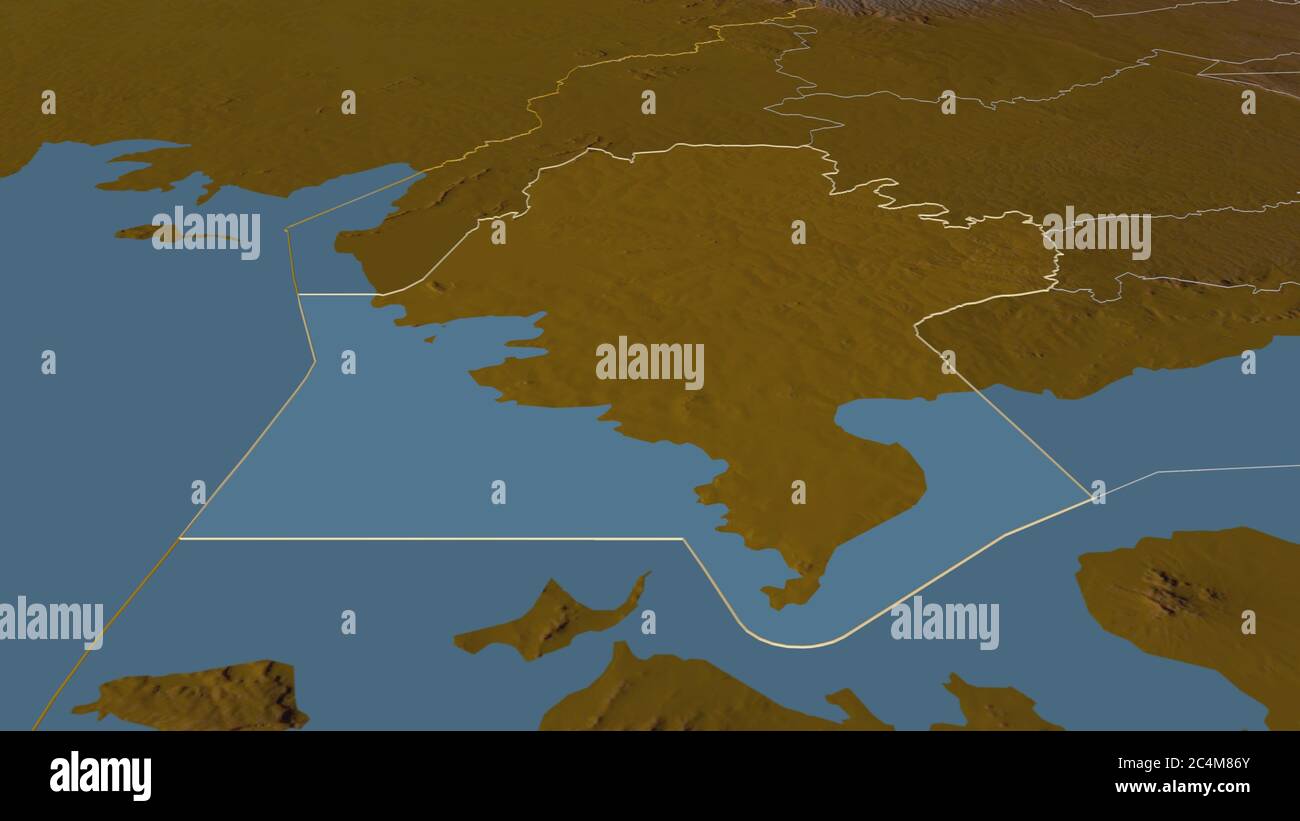 Zoom in on Siaya (county of Kenya) outlined. Oblique perspective ...