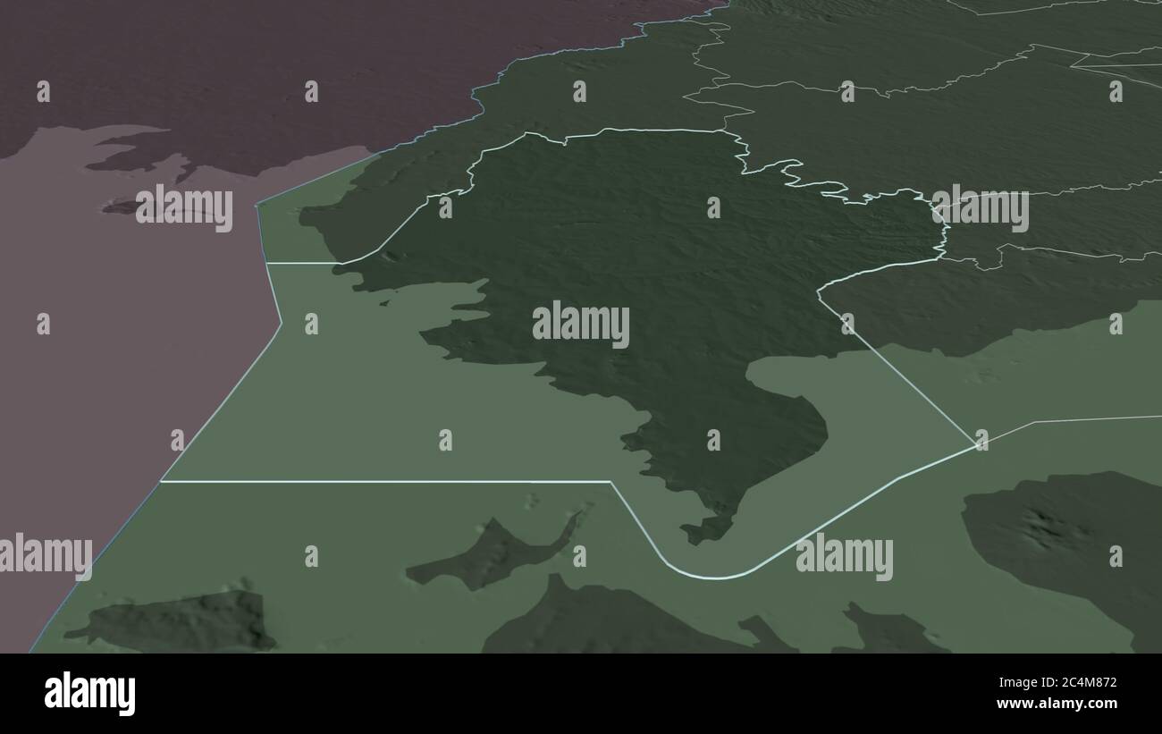 Zoom in on Siaya (county of Kenya) outlined. Oblique perspective ...