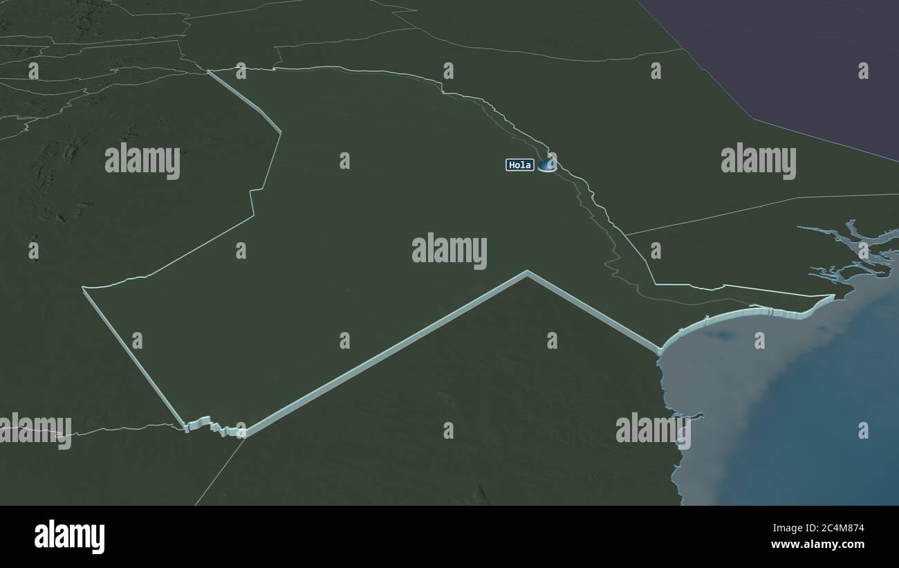 Zoom in on Tana River (county of Kenya) extruded. Oblique perspective ...