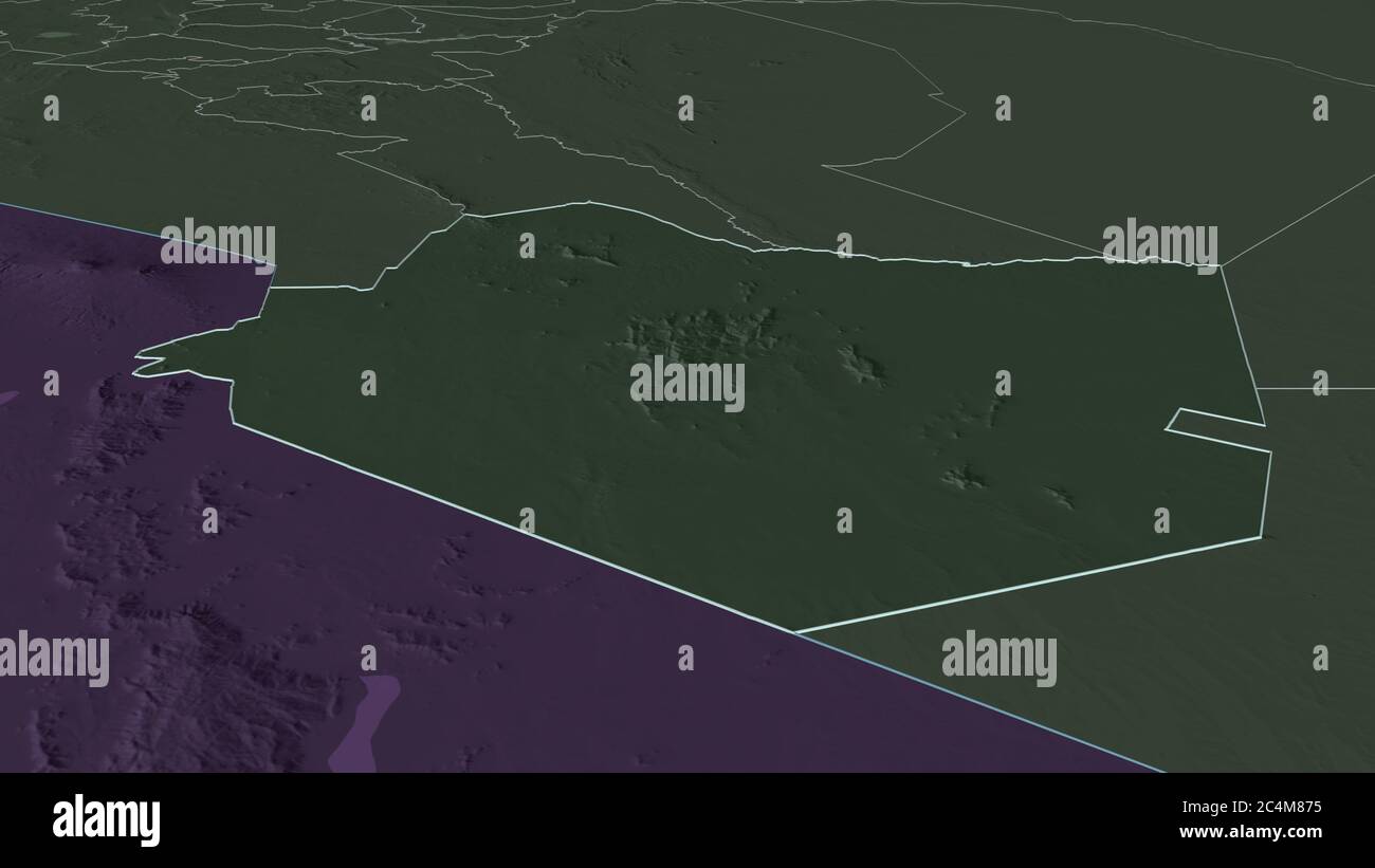 Zoom in on Taita Taveta (county of Kenya) outlined. Oblique perspective ...
