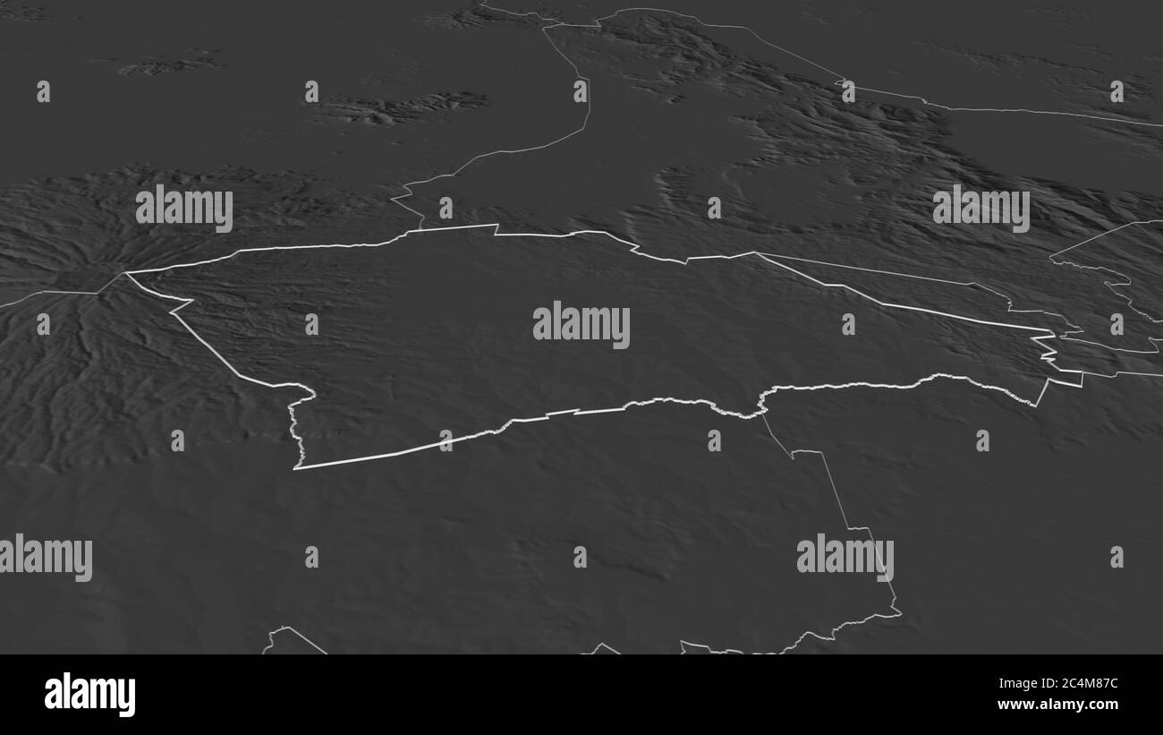Zoom in on Trans Nzoia (county of Kenya) outlined. Oblique perspective ...