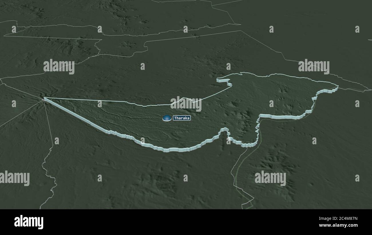 Zoom in on Tharaka-Nithi (county of Kenya) extruded. Oblique ...