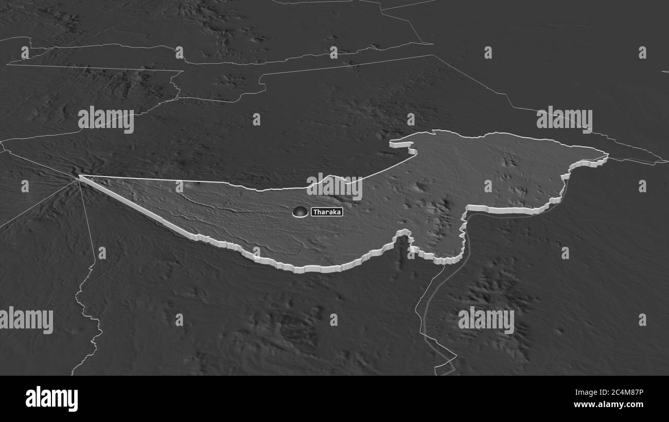 Zoom in on Tharaka-Nithi (county of Kenya) extruded. Oblique ...