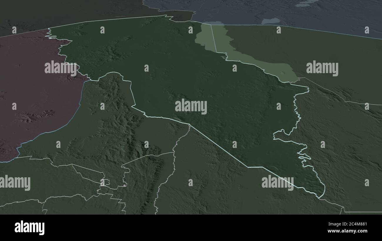 Zoom in on Turkana (county of Kenya) outlined. Oblique perspective ...
