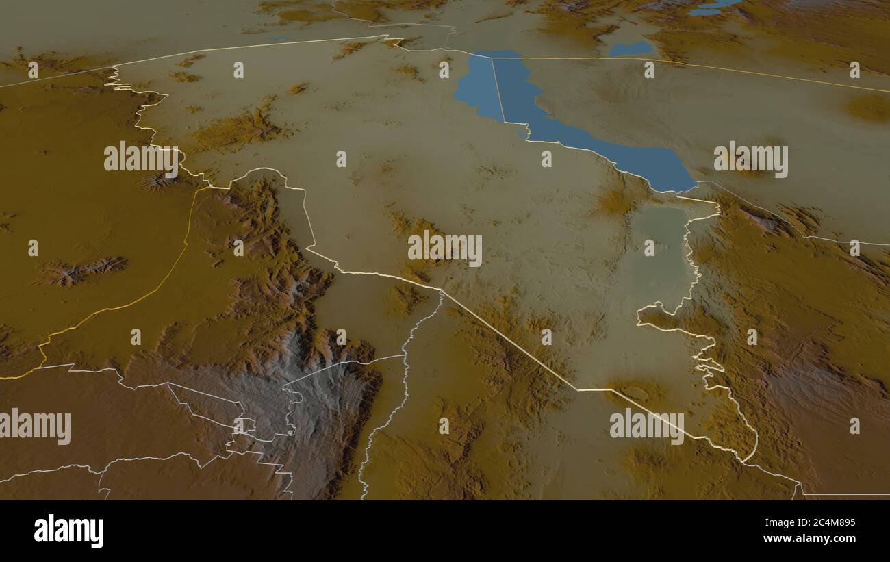 Zoom in on Turkana (county of Kenya) outlined. Oblique perspective ...
