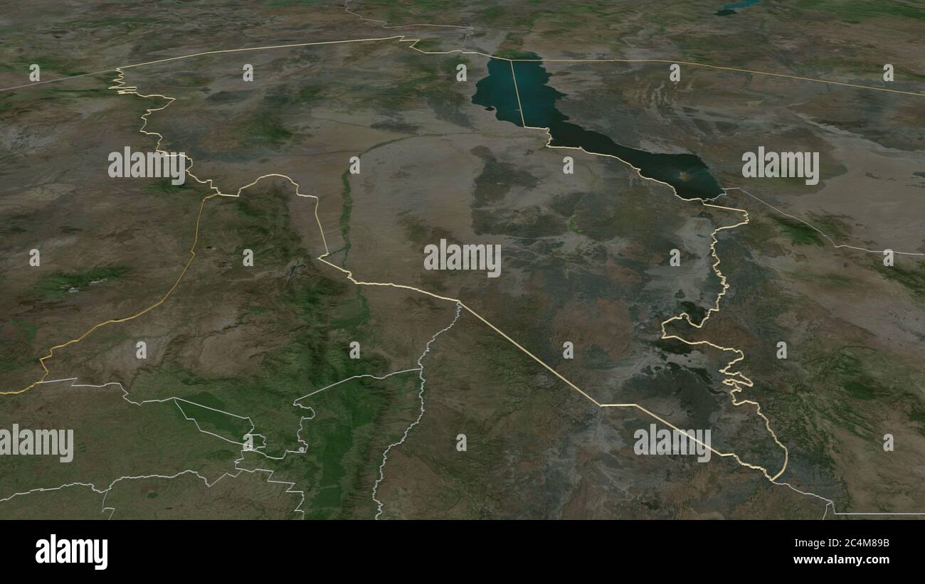 Zoom in on Turkana (county of Kenya) outlined. Oblique perspective ...