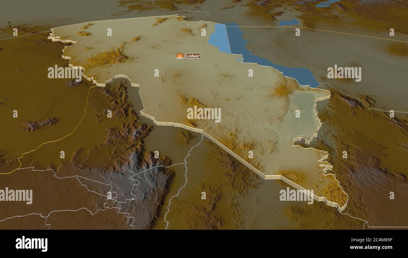 Zoom in on Turkana (county of Kenya) extruded. Oblique perspective ...