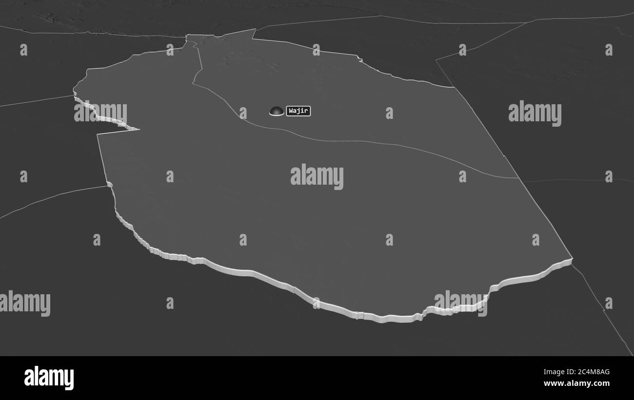 Zoom in on Wajir (county of Kenya) extruded. Oblique perspective ...