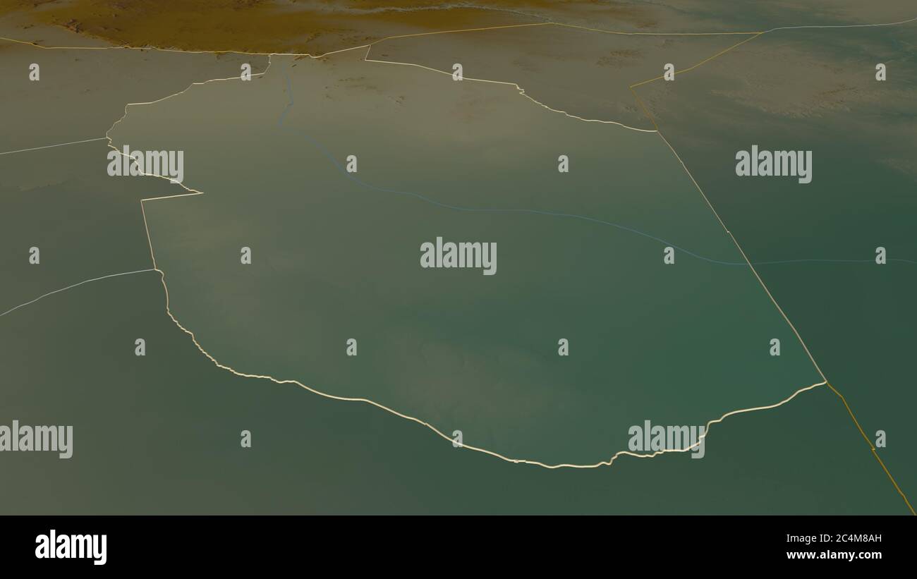 Zoom in on Wajir (county of Kenya) outlined. Oblique perspective ...