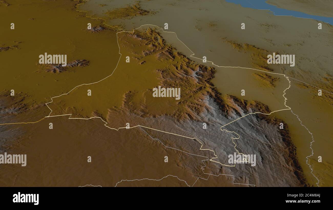 Zoom in on West Pokot (county of Kenya) outlined. Oblique perspective ...