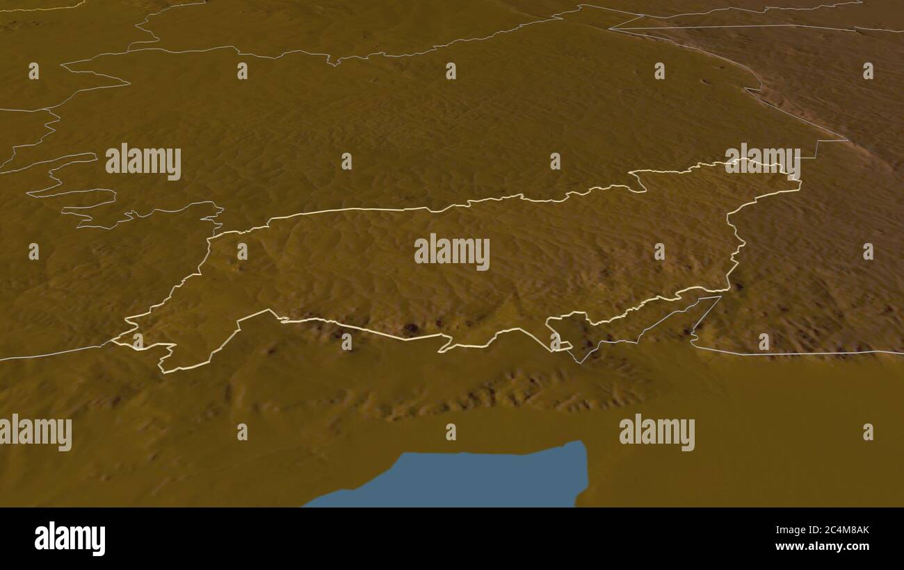 Zoom in on Vihiga (county of Kenya) outlined. Oblique perspective ...
