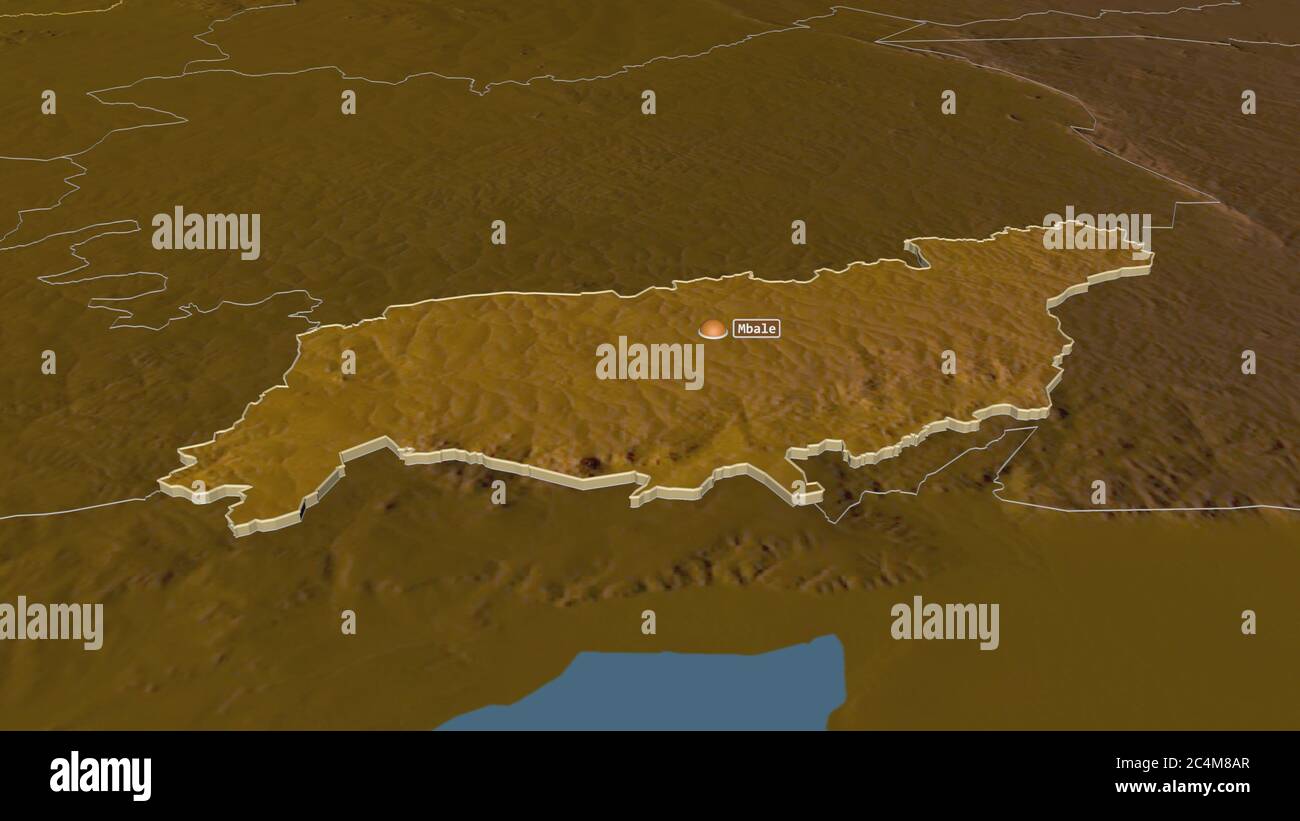 Zoom in on Vihiga (county of Kenya) extruded. Oblique perspective ...