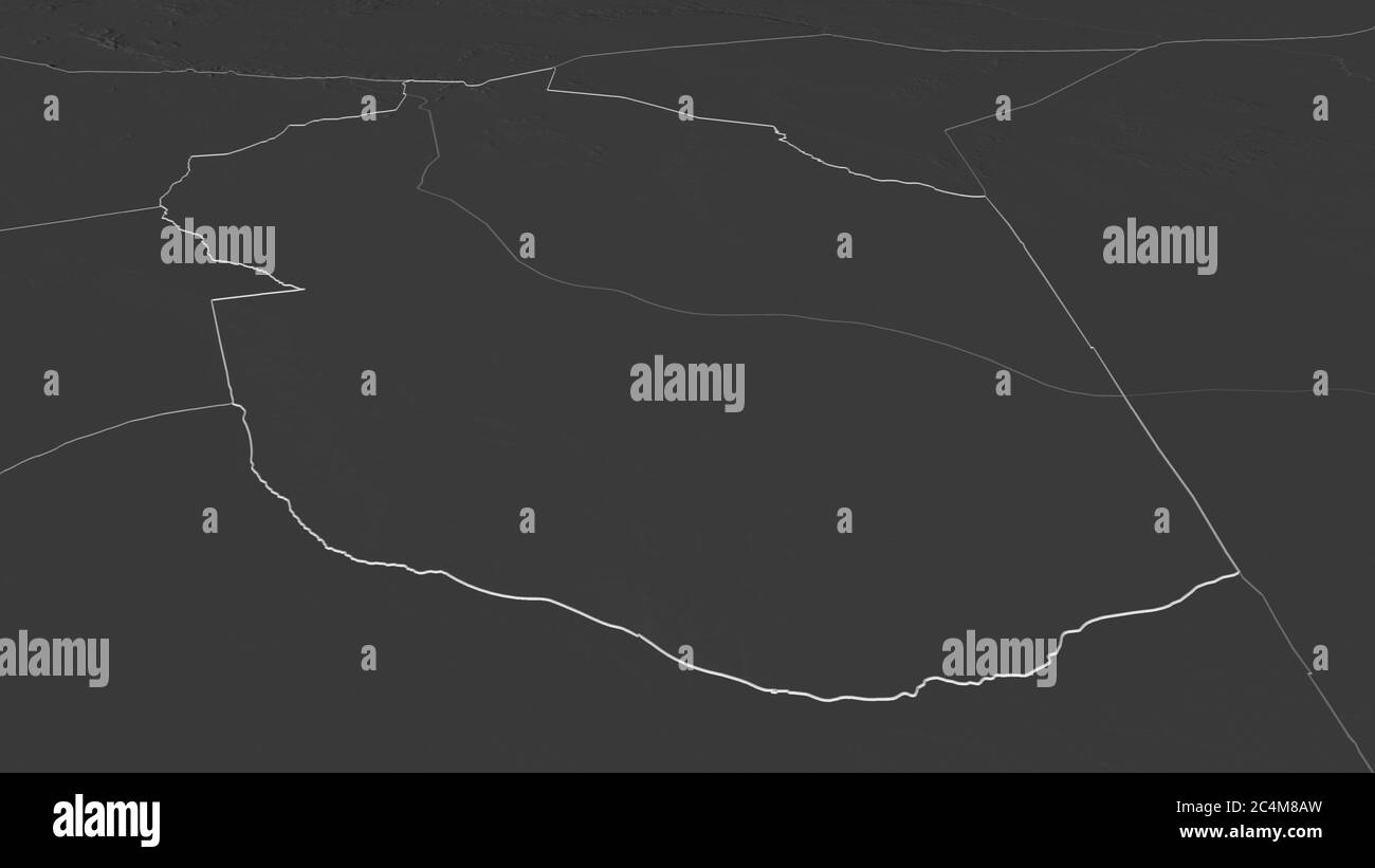 Zoom in on Wajir (county of Kenya) outlined. Oblique perspective ...