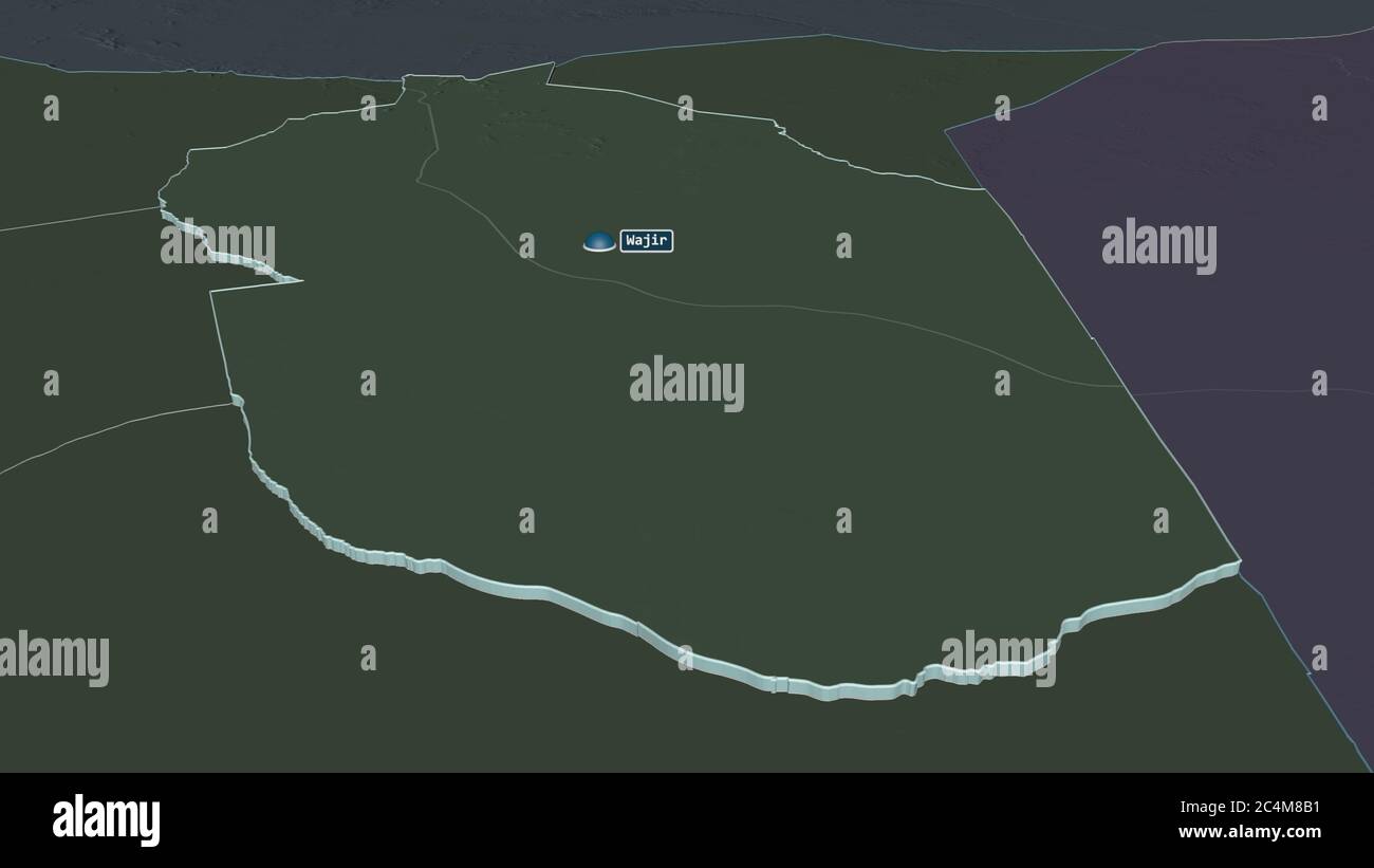 Zoom in on Wajir (county of Kenya) extruded. Oblique perspective ...