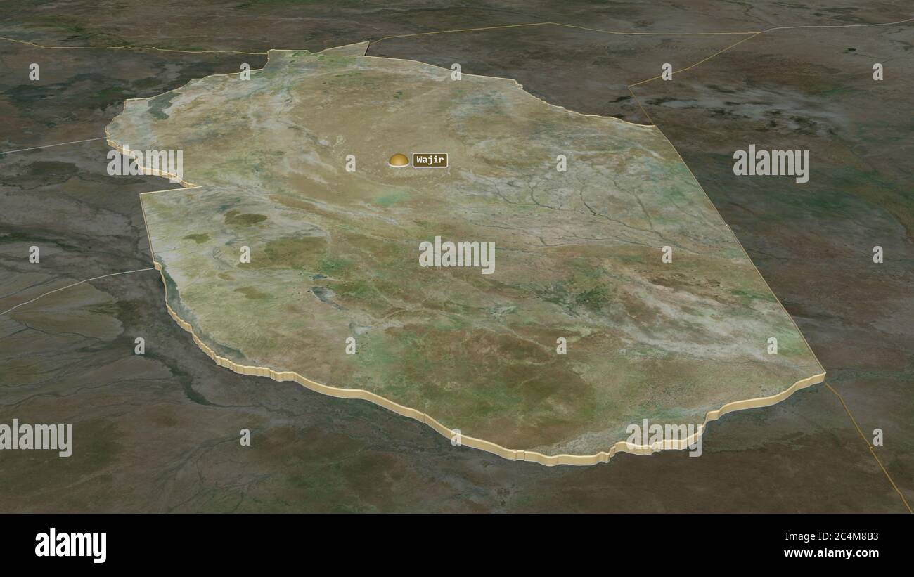 Zoom in on Wajir (county of Kenya) extruded. Oblique perspective ...