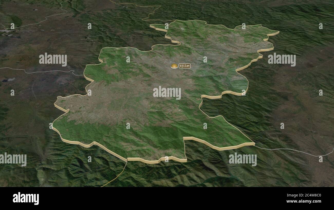 Zoom in on Gnjilane (district of Kosovo) extruded. Oblique perspective ...