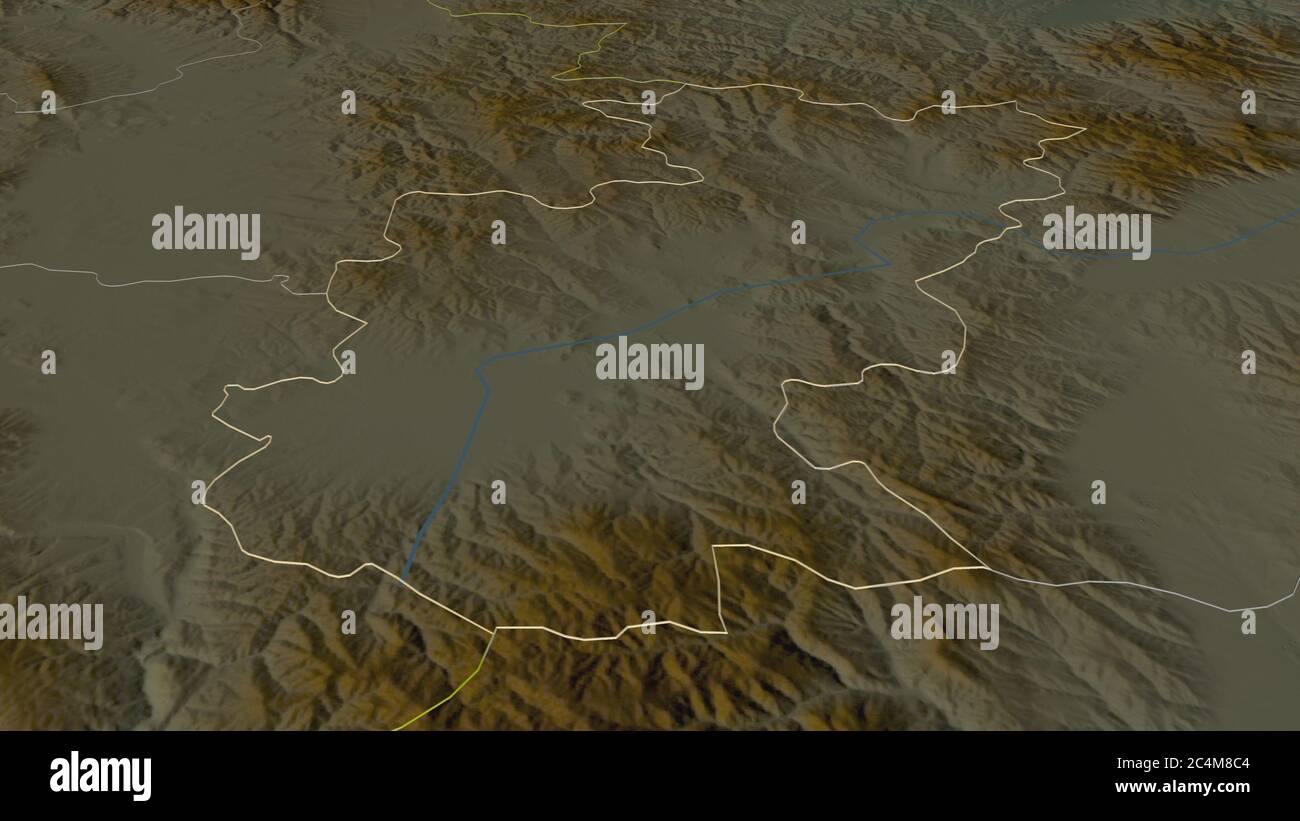 Zoom in on Gnjilane (district of Kosovo) outlined. Oblique perspective ...