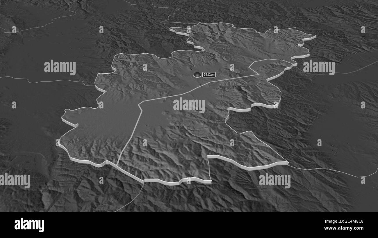 Zoom in on Gnjilane (district of Kosovo) extruded. Oblique perspective ...