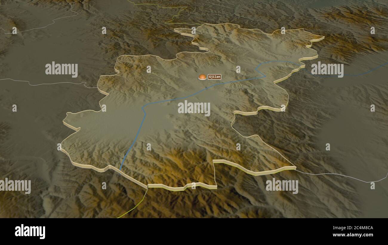 Zoom in on Gnjilane (district of Kosovo) extruded. Oblique perspective ...