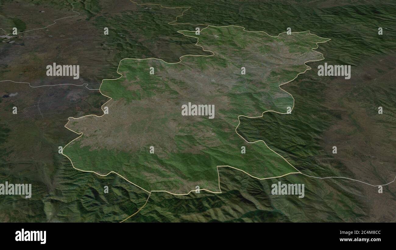 Zoom in on Gnjilane (district of Kosovo) outlined. Oblique perspective ...