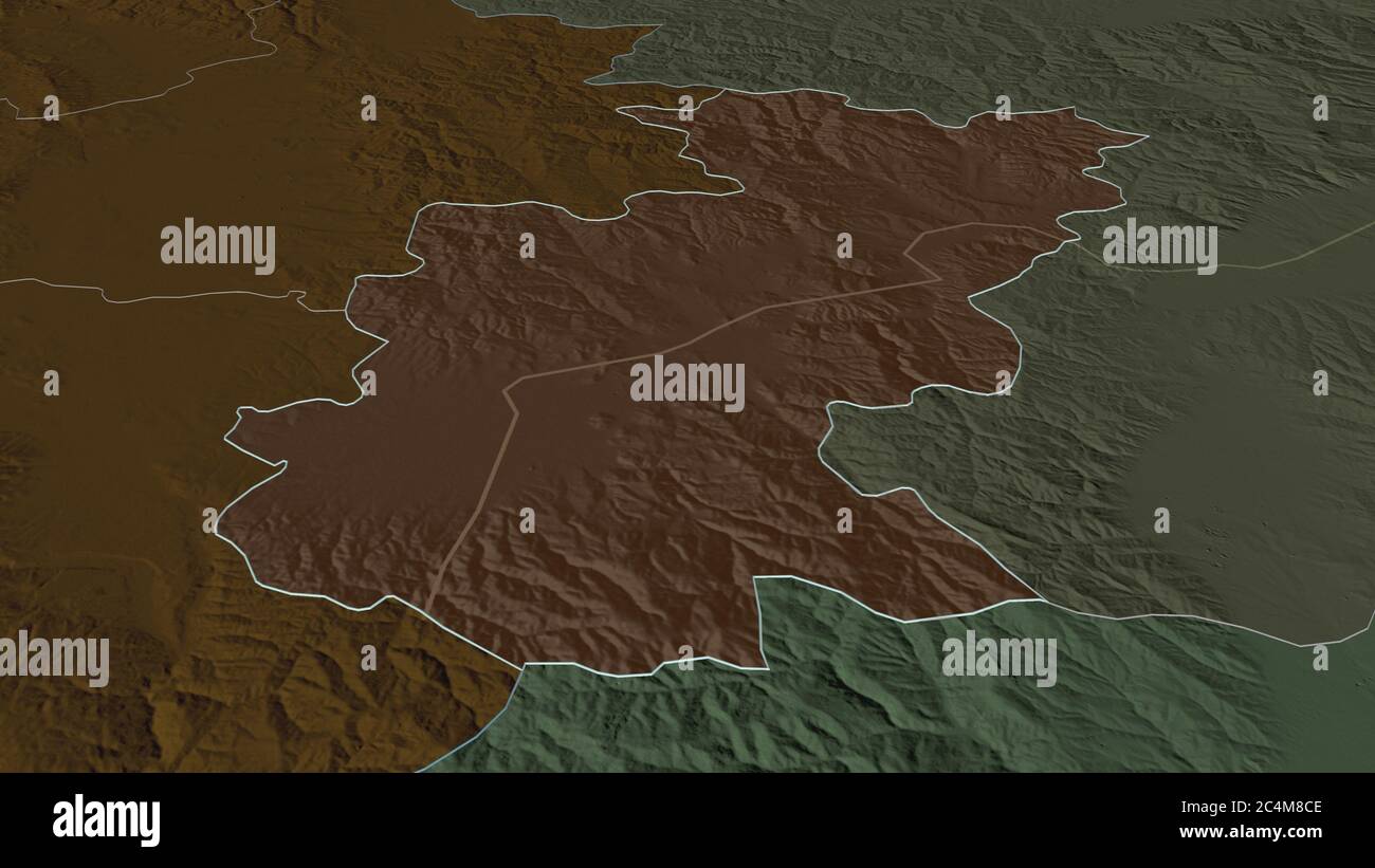 Zoom in on Gnjilane (district of Kosovo) outlined. Oblique perspective ...